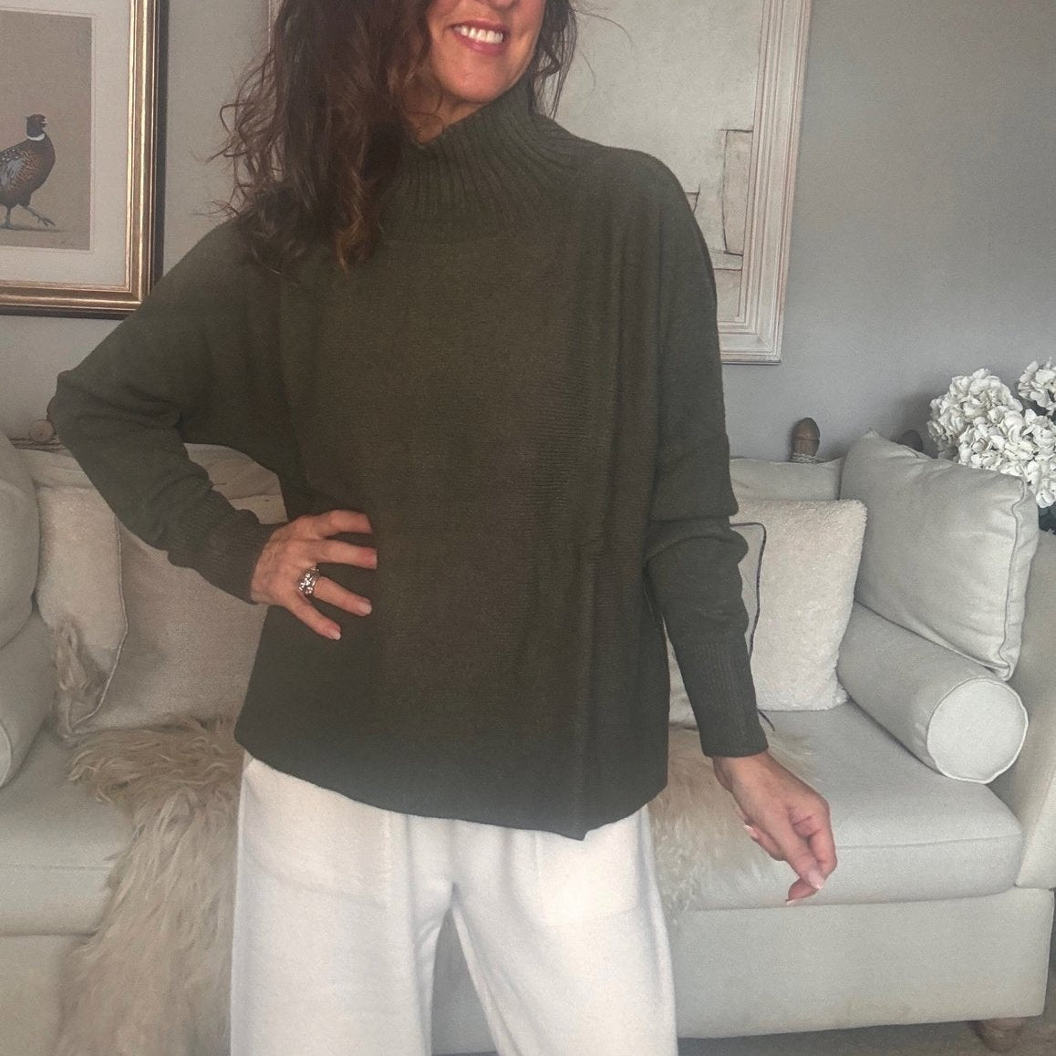Ribbed Neck Viscose Blend Jumper - Khaki – Juice Collection
